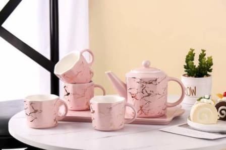 Luxury Ceramic Marble Print Porcelain Tea Set with Serving Tray - Pink ...